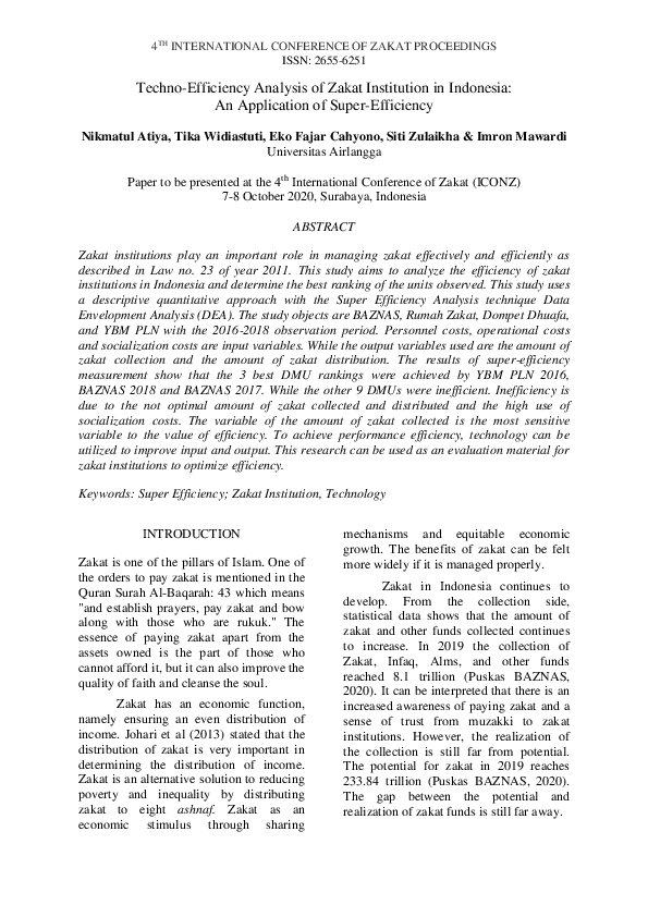 (PDF) Techno-Efficiency Analysis of Zakat Institutions in Indonesia