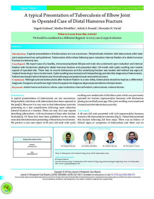 (PDF) Atypical Presentation of Tuberculosis of Elbow Joint in Operated ...