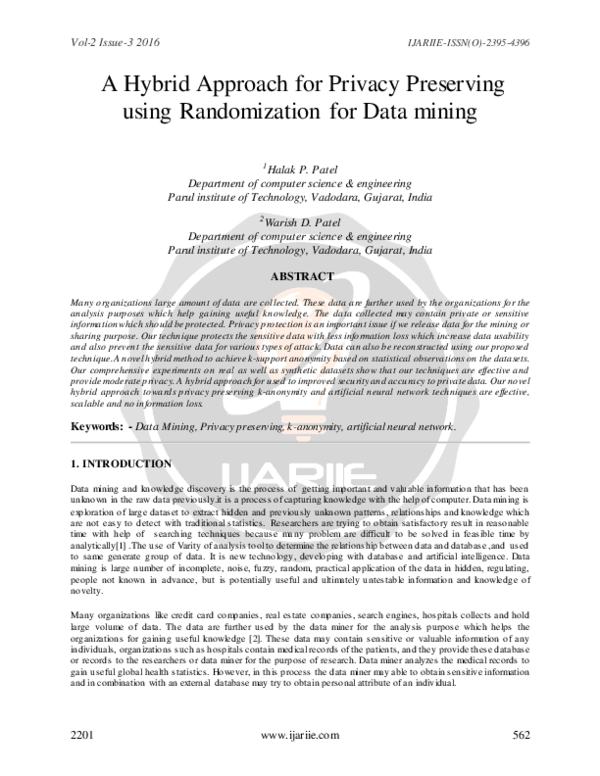 (PDF) A Hybrid Approach for privacy preserving using randomization for data mining
