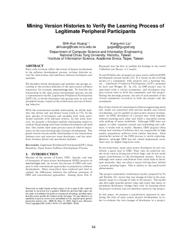 (PDF) Mining version histories to verify the learning process of Legitimate Peripheral Participants