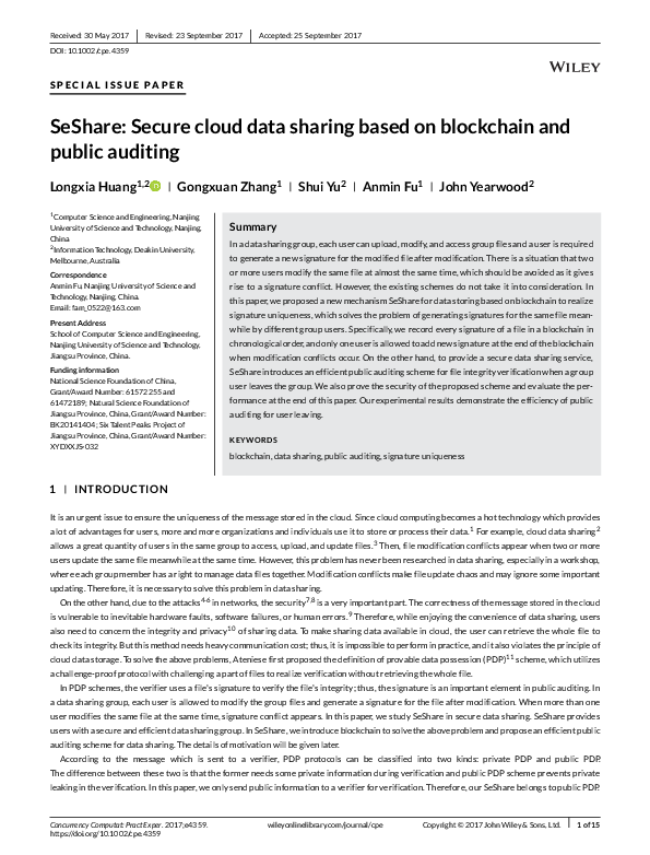 (PDF) SeShare: Secure cloud data sharing based on blockchain and public auditing