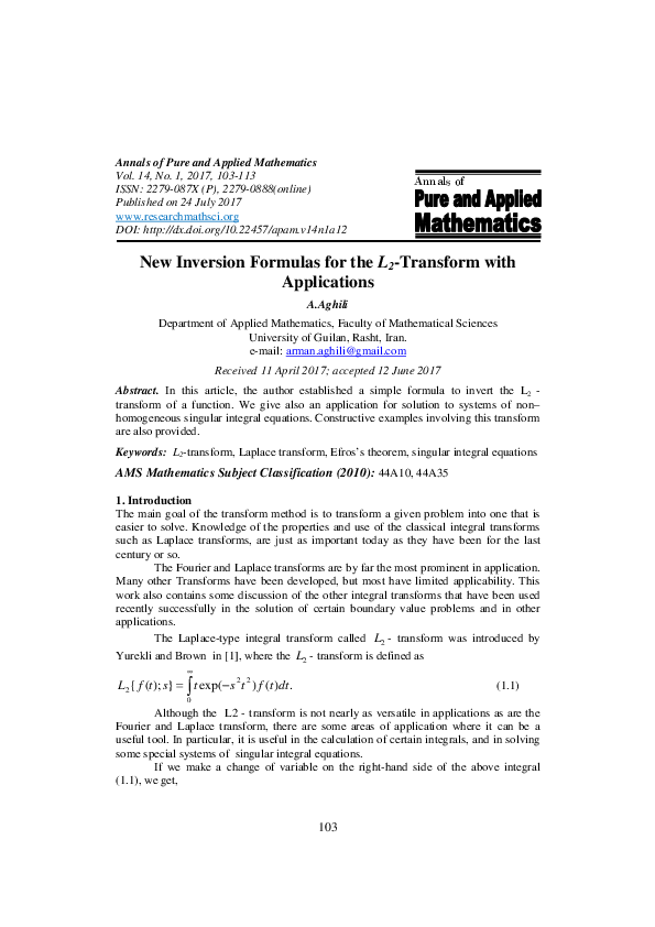(PDF) New Inversion Formulas for the $L_2$-Transform with Applications