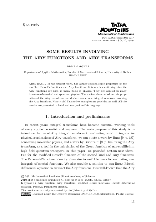 (PDF) Some Results Involving the Airy Functions and Airy Transforms