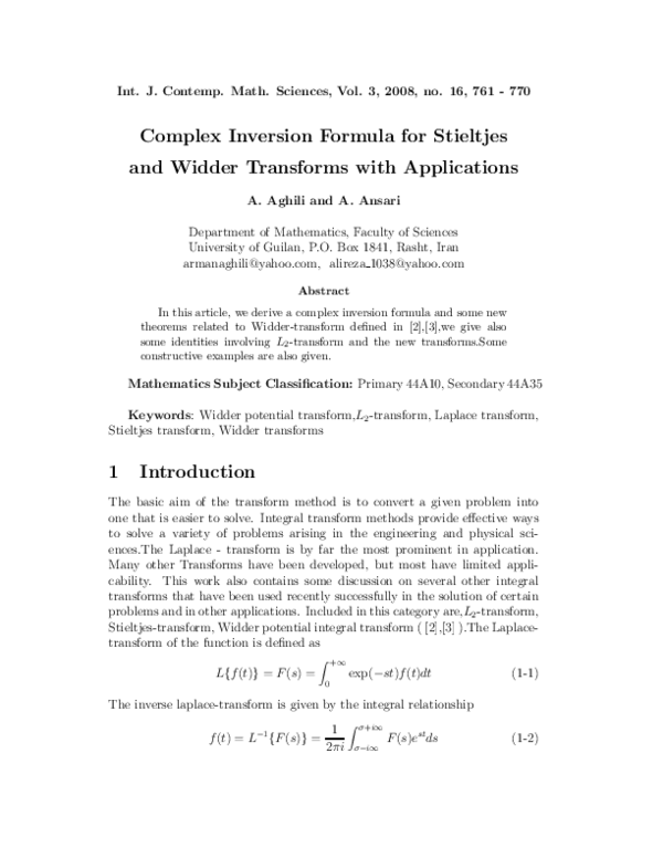 (PDF) Complex inversion formula for Stieltjes and Widder transforms with applications