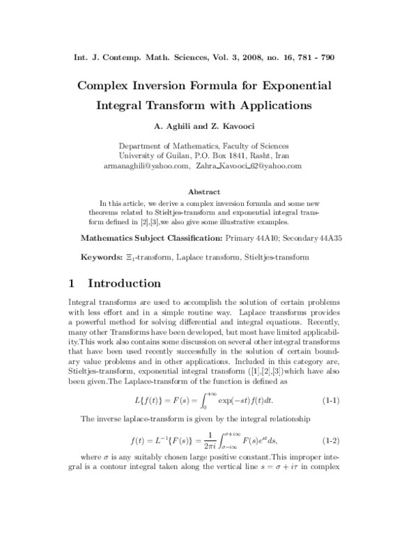 (PDF) Complex Inversion Formula for Exponential Integral Transform with Applications