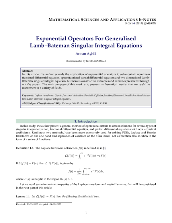 (PDF) Exponential Operators For Generalized Lamb–Bateman Singular Integral Equations
