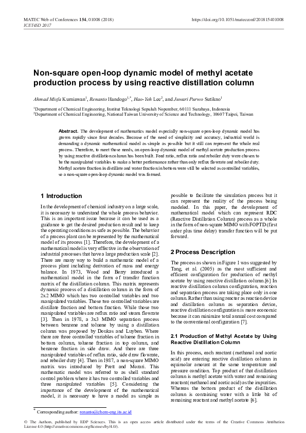 Pdf Non Square Open Loop Dynamic Model Of Methyl Acetate Production Process By Using Reactive