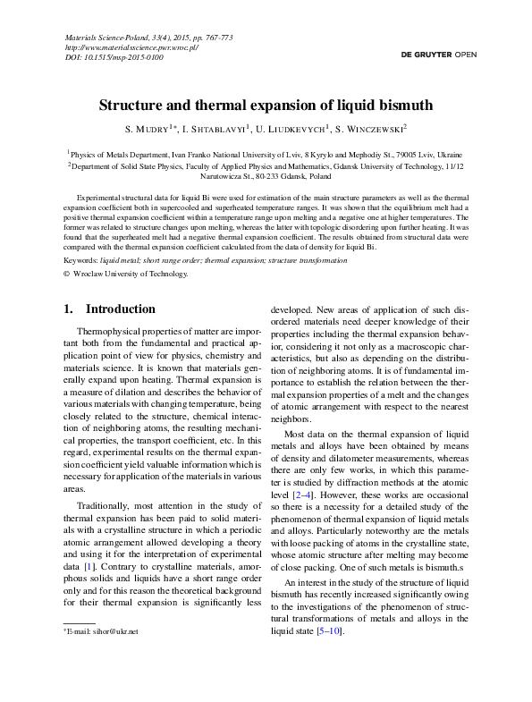 (PDF) Structure and thermal expansion of liquid bismuth