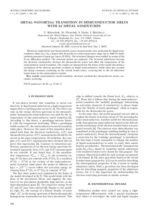 (PDF) Metal–nonmetal transition in semiconductor melts with 3d metal admixtures | S. Mudry ...