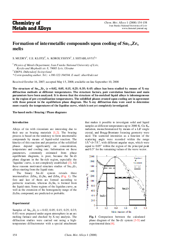 (PDF) Formation of intermetallic compounds upon cooling of Sn1-xZrx melts