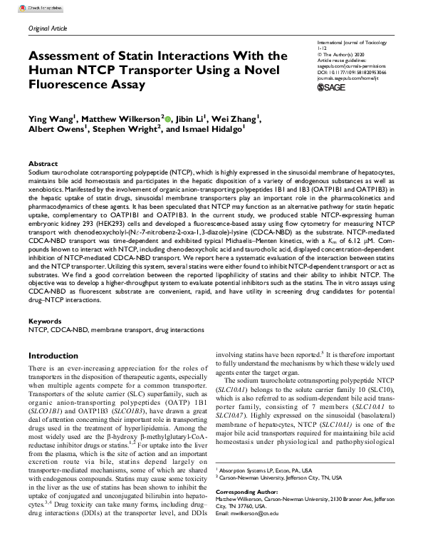 (PDF) Assessment of Statin Interactions With the Human NTCP Transporter ...