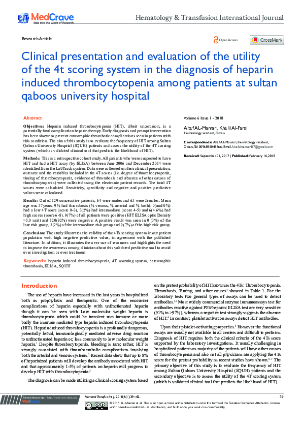 (PDF) Clinical presentation and evaluation of the utility of the 4t ...
