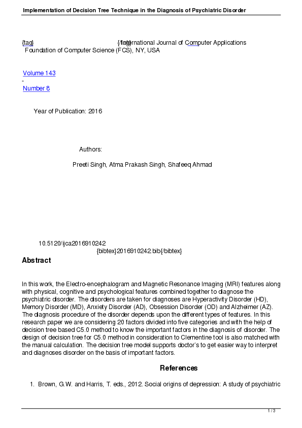 (PDF) Implementation of Decision Tree Technique in the Diagnosis of ...