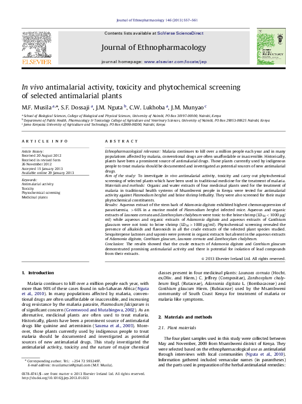 (PDF) In vivo antimalarial activity, toxicity and phytochemical ...