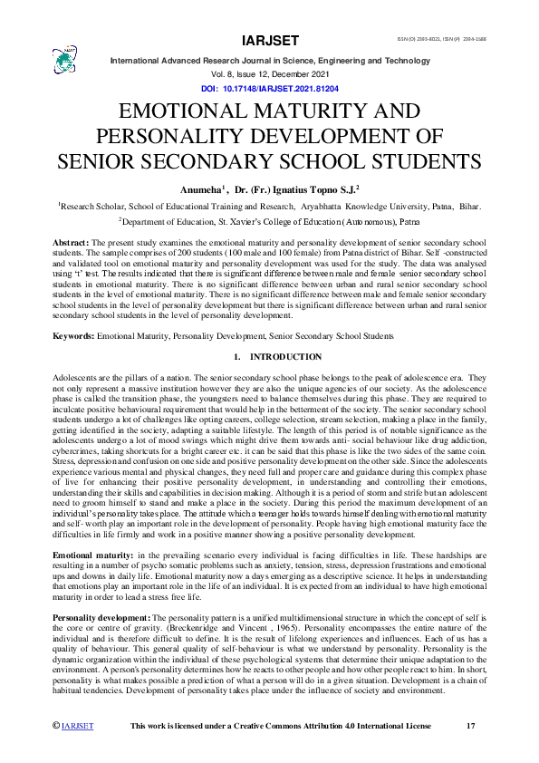 (PDF) Emotional Maturity and Personality Development of Senior ...