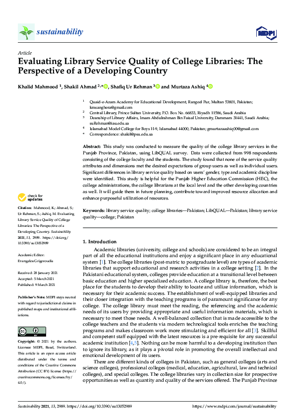 (PDF) Evaluating Library Service Quality of College Libraries: The Perspective of a Developing ...