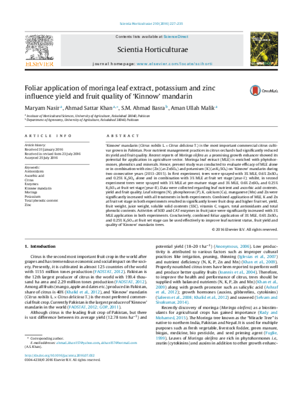 Pdf Foliar Application Of Moringa Leaf Extract Potassium And Zinc