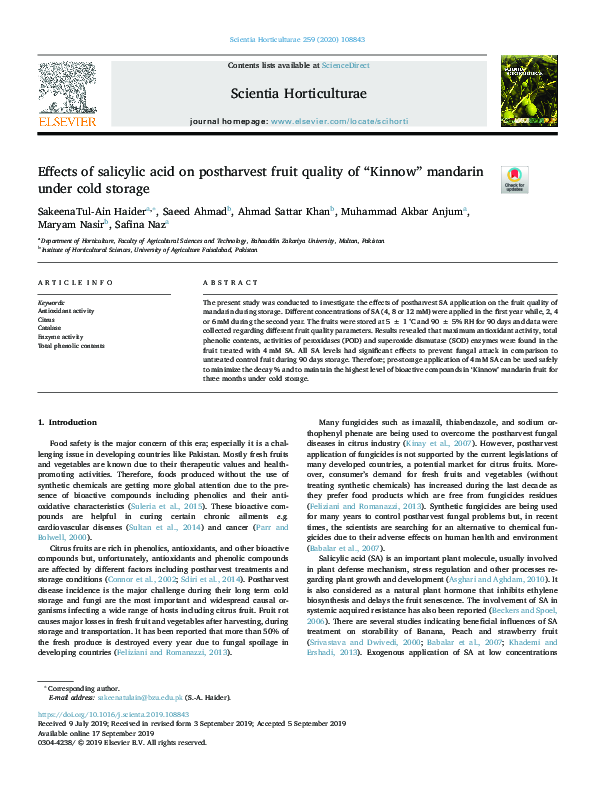 (PDF) Effects of salicylic acid on postharvest fruit quality of “Kinnow” mandarin under cold storage