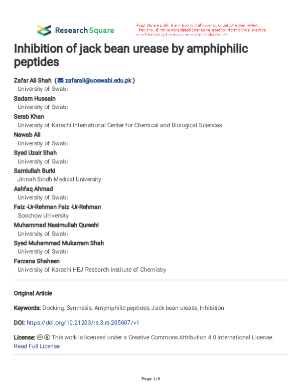 (PDF) Inhibition of jack bean urease by amphiphilic peptides | Sadam ...