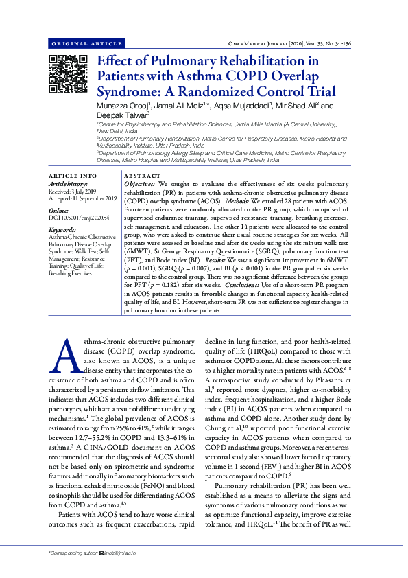 (PDF) Effect of Pulmonary Rehabilitation in Patients with Asthma COPD Overlap Syndrome: A ...