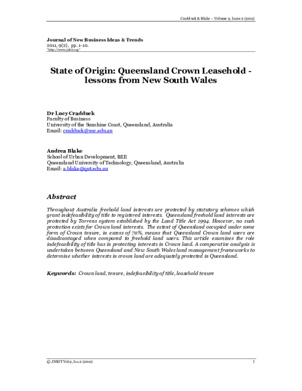 (PDF) State of Origin: Queensland Crown Leasehold - lessons from New ...