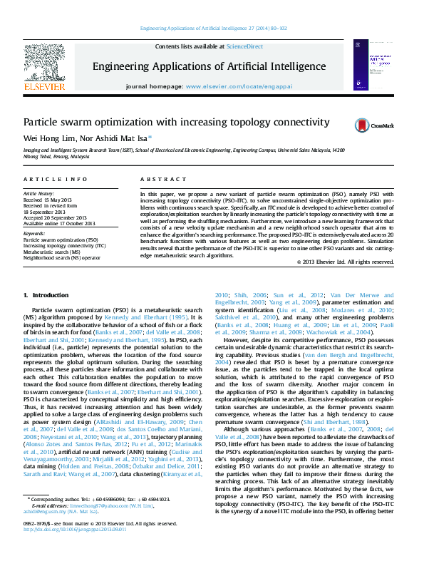 (PDF) Particle swarm optimization with increasing topology connectivity
