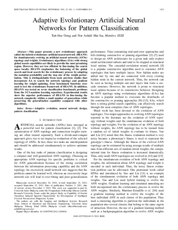 (PDF) Adaptive Evolutionary Artificial Neural Networks for Pattern Classification
