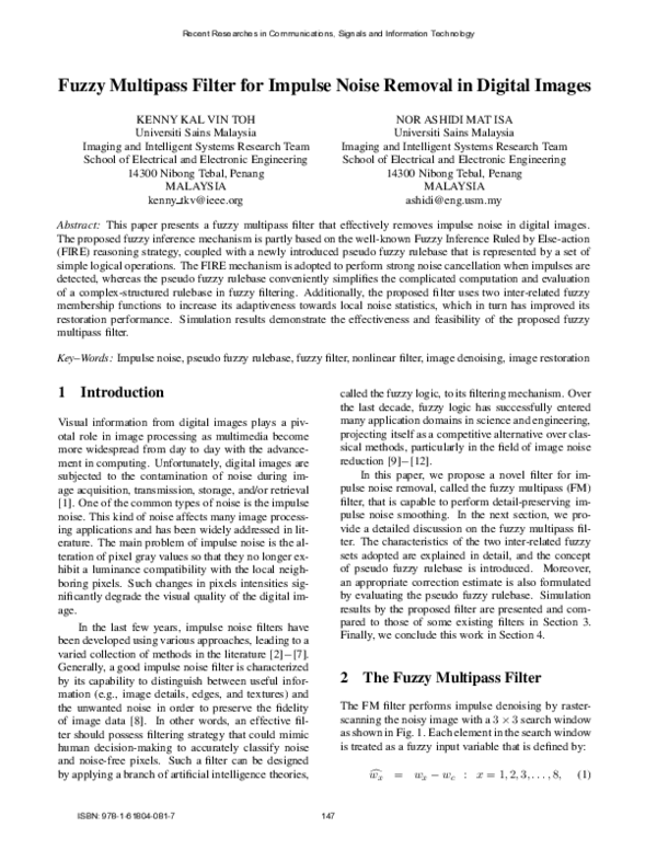(PDF) Fuzzy multipass filter for impulse noise removal in digital images