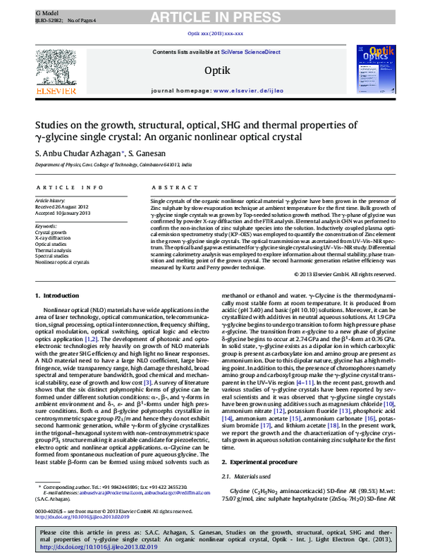 (PDF) Studies on the growth, structural, optical, SHG and thermal properties of γ-glycine single ...