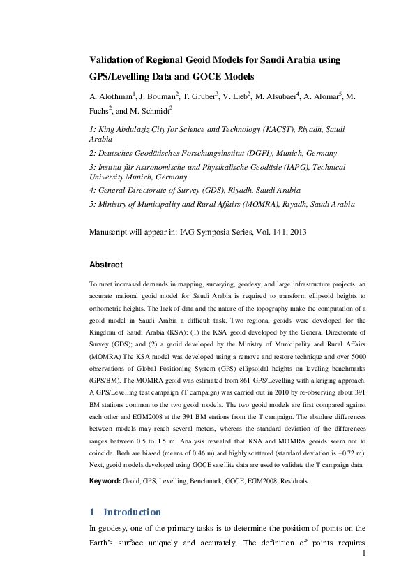 (PDF) Validation of Regional Geoid Models for Saudi Arabia Using GPS/Levelling Data and GOCE Models
