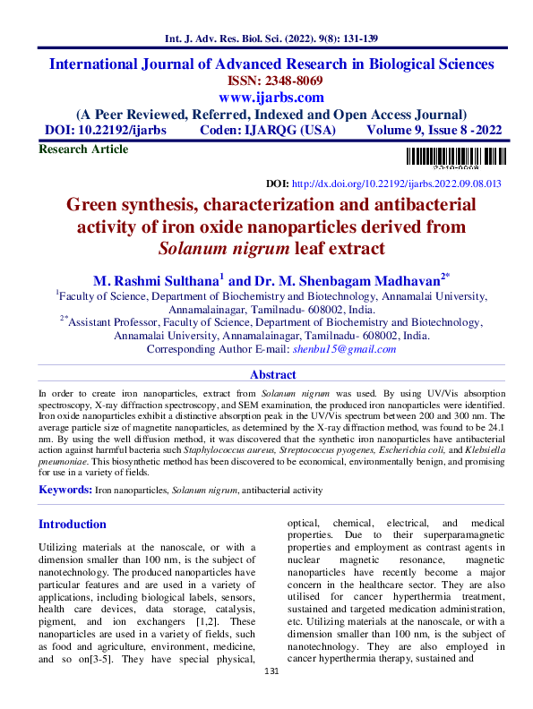 (PDF) Green synthesis, characterization and antibacterial activity of iron oxide nanoparticles ...
