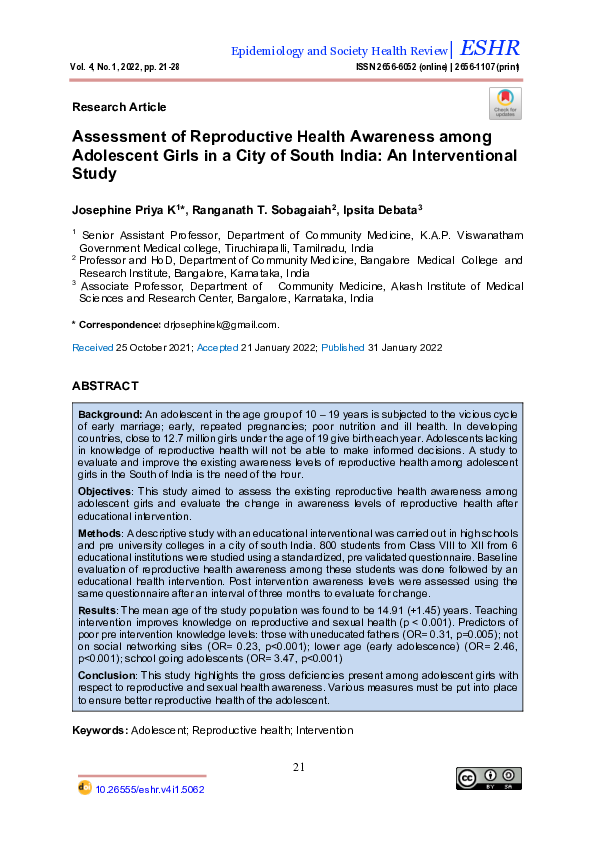 (PDF) Assessment of Reproductive Health Awareness among Adolescent Girls in a City of South ...