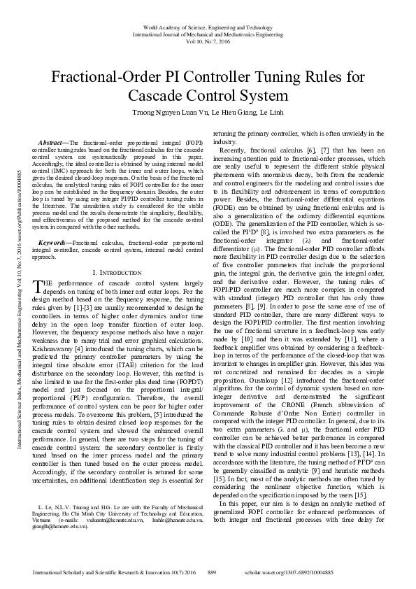 (PDF) Fractional-Order Pi Controller Tuning Rules For Cascade Control System | LE CHAU LINH ...