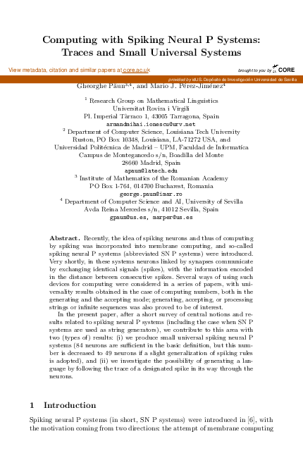 (PDF) Computing with Spiking Neural P Systems: Traces and Small Universal Systems