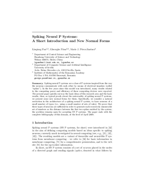 Pdf Spiking Neural P Systems A Short Introduction And New Normal Forms George Paun 