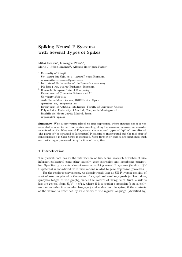 (PDF) Spiking Neural P Systems with Several Types of Spikes