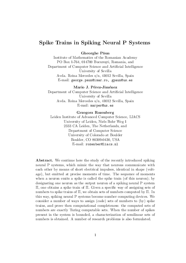 (PDF) Spike Trains in Spiking Neural P Systems