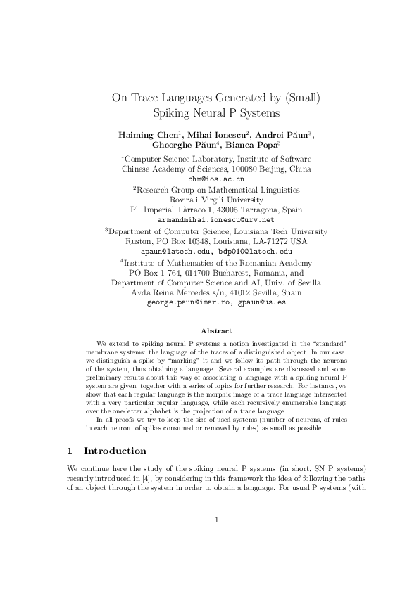 (PDF) On trace languages generated by (small) spiking neural P systems ...