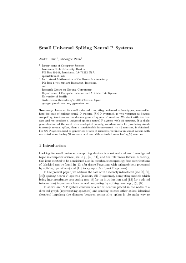(PDF) Small universal spiking neural P systems