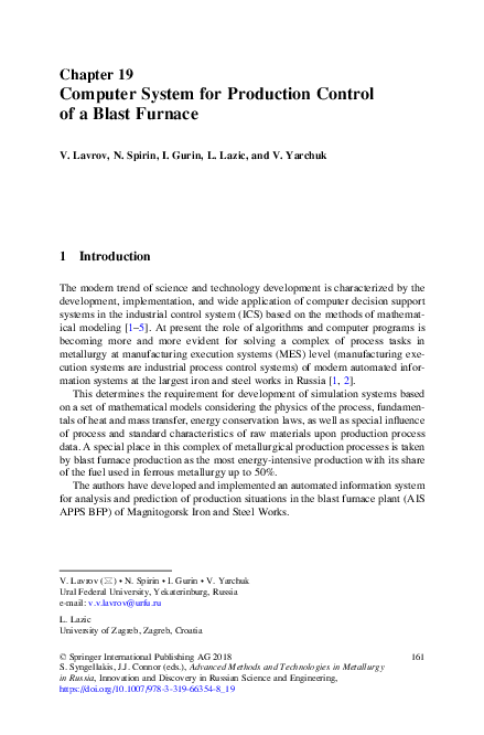 (PDF) Computer System for Production Control of a Blast Furnace