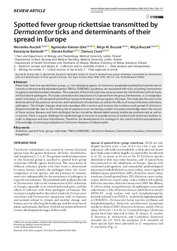 (PDF) Spotted fever group rickettsiae transmitted by Dermacentor ticks ...