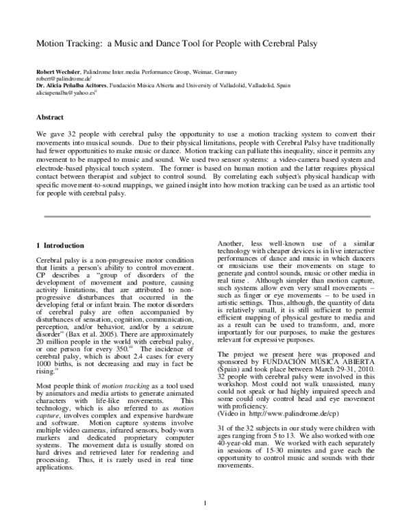 (PDF) Motion Tracking : a Music and Dance Tool for People with Cerebral ...