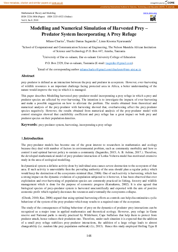 (PDF) Modelling and Numerical Simulation of Harvested Prey –Predator ...