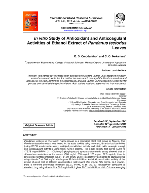 (PDF) In vitro Study of Antioxidant and Anticoagulant Activities of Ethanol Extract of Pandanus ...