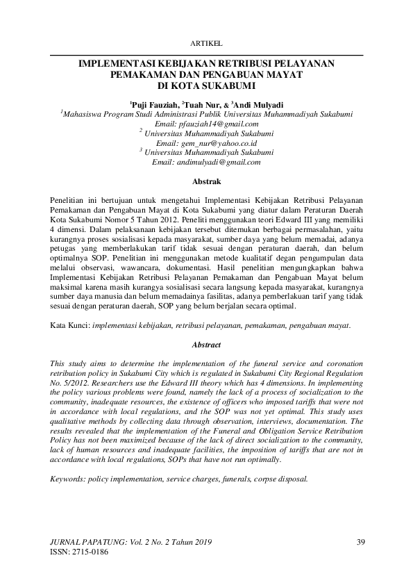 (PDF) Implementasi Kebijakan Retribusi Pelayanan Pemakaman Dan Pengabuan Mayat DI Kota Sukabumi ...
