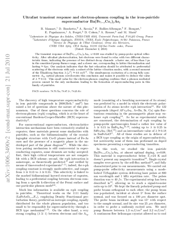 (PDF) Ultrafast transient response and electron-phonon coupling in the iron-pnictide ...