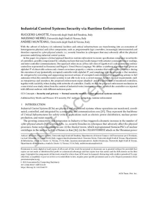 (PDF) Industrial Control Systems Security via Runtime Enforcement