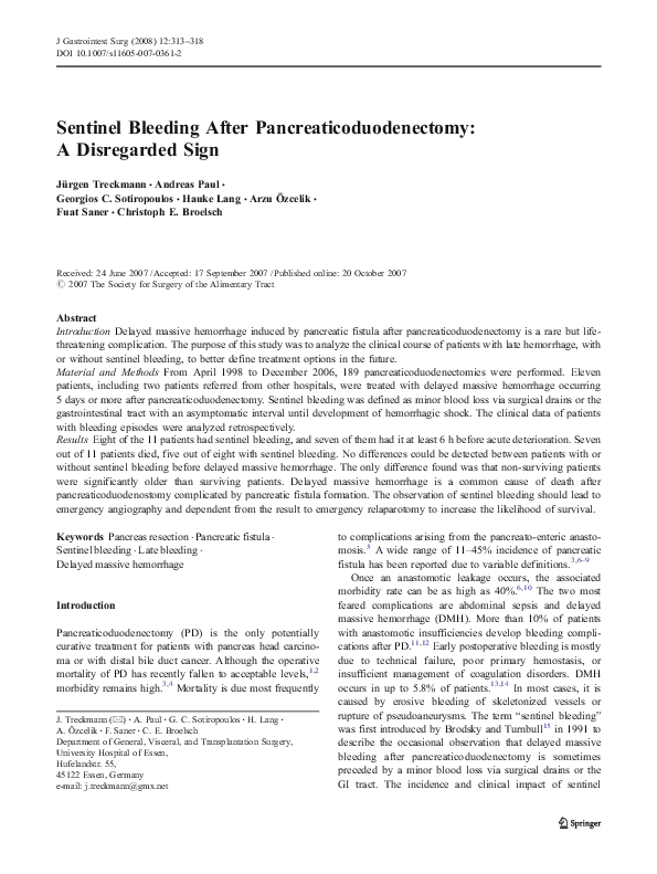 (PDF) Sentinel Bleeding After Pancreaticoduodenectomy: A Disregarded Sign