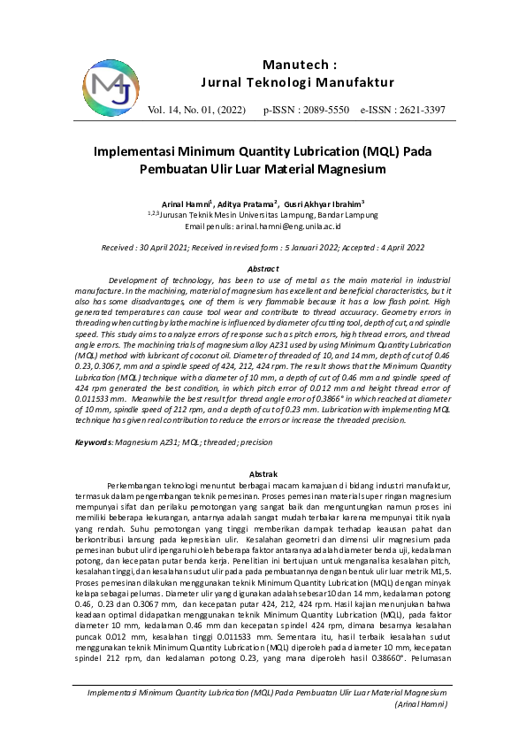 (PDF) Implementasi Minimum Quantity Lubrication (MQL) Pada Pembuatan Ulir Luar Material Magnesium