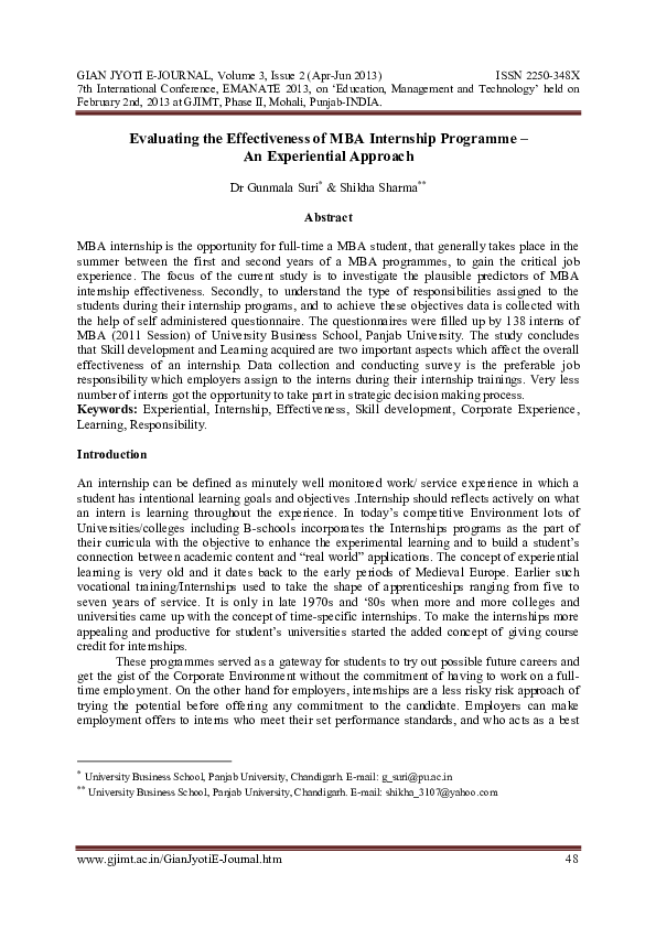 (PDF) Evaluating the Effectiveness of MBA Internship Programme - An Experiential Approach